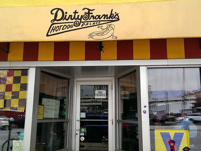 Dirty Frank's bold yellow and red exterior screams "hot dogs with attitude" &ndash; like punk rock in bun form.