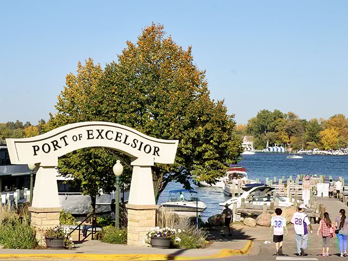 Excelsior: The "Port of Excelsior" sign welcomes visitors to Lake Minnetonka's crown jewel, where boats bob gently in the summer sunshine.