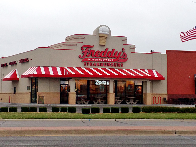 Freddy's red-and-white awning isn't just nostalgic design&mdash;it's a portal to an America where hot dogs snap and custard swirls.