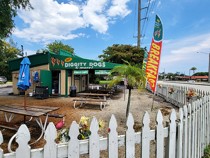 Hot Diggity's charming green shack and white picket fence &ndash; like a hot dog fairy tale come deliciously true.