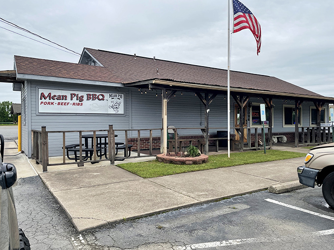 That American flag outside Mean Pig BBQ isn't just patriotic&mdash;it's warning other countries they'll never match our barbecue game.