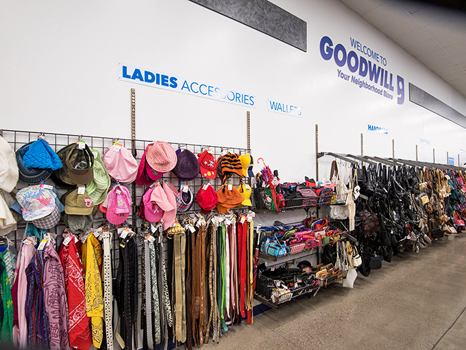Goodwill's accessories wall&mdash;where yesterday's fashion statements await their second chance to shine.