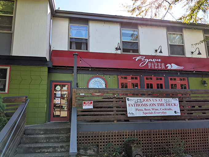 Pegasus Pizza's bold green exterior matches its flavor ambitions &ndash; no wallflower pies served here.