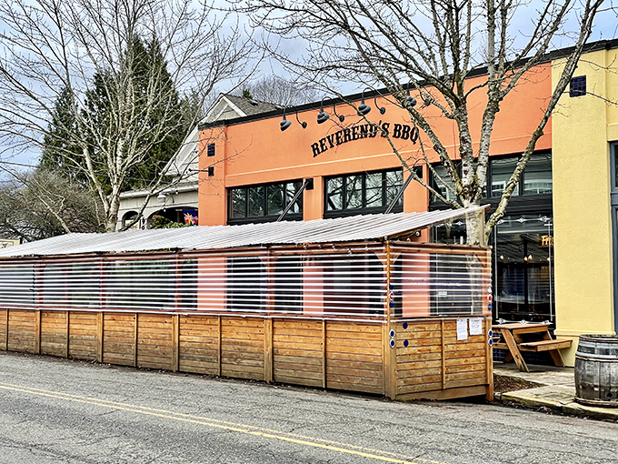 Reverend's bright orange facade stands as a beacon of hope for the BBQ faithful seeking salvation.