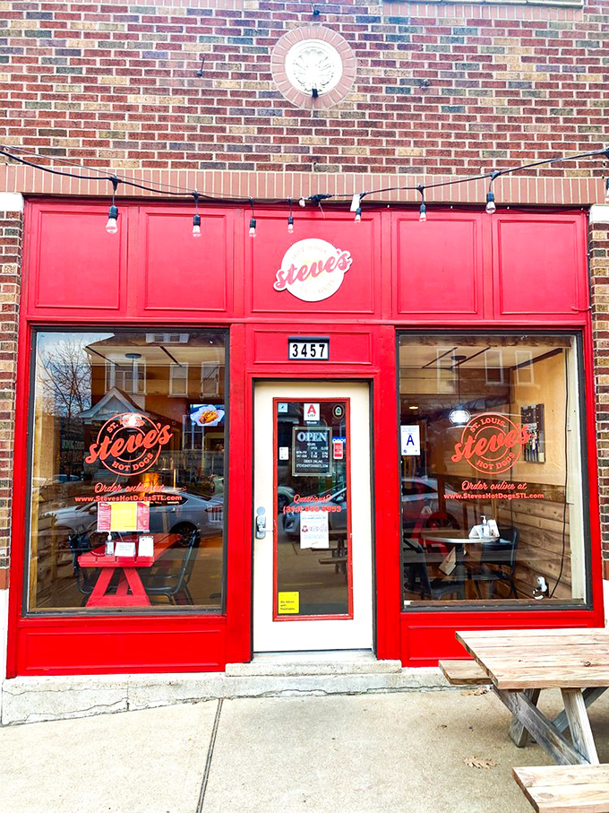 That fiery red storefront signals exactly what you're in for&mdash;a hot dog experience that's anything but ordinary.