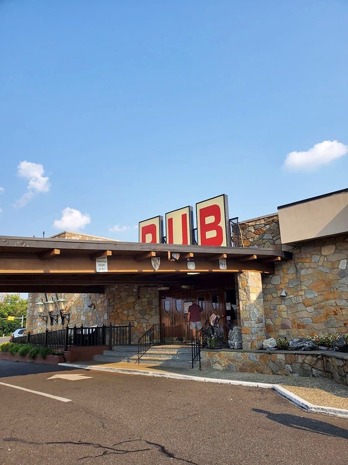 The Pub's stone facade and bold signage&mdash;architectural shorthand for "loosen your belt before entering."