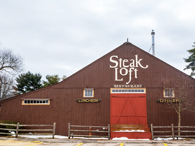 The Steak Loft's barn-red exterior hints at its rustic charm. Paul Bunyan would feel right at home!