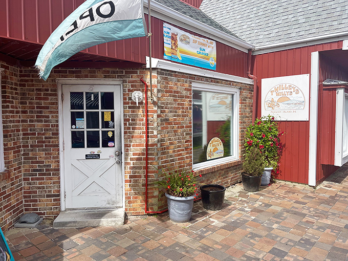 Twilley's brick pathway leads to hot dog paradise. This charming red structure houses some of Fenwick Island's finest franks.