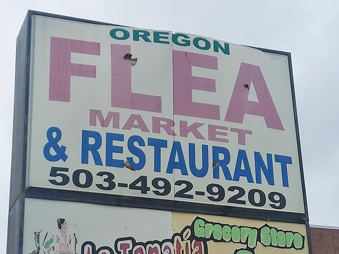 Oregon Flea Market announces itself boldly, promising a fiesta of flavors and finds behind its colorful sign.