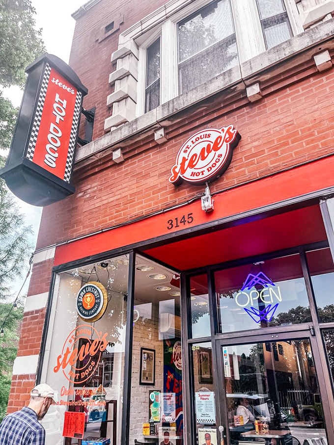 String lights and vintage signs create the perfect atmosphere for enjoying St. Louis' most creative take on the humble hot dog.