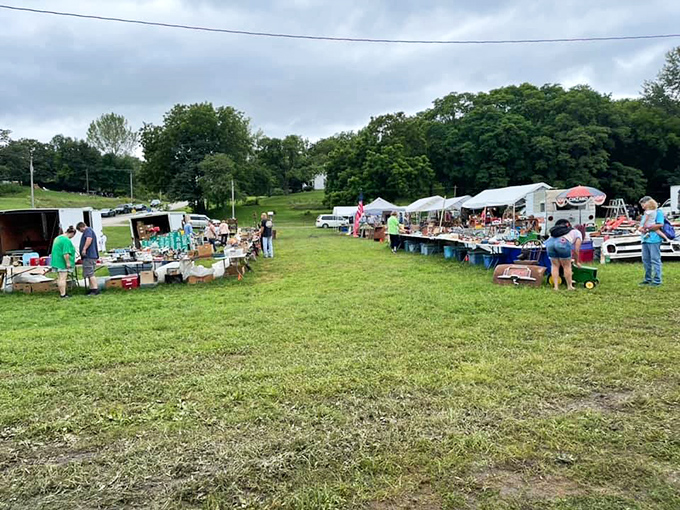 Vendors and shoppers create the timeless dance of commerce under Kansas skies. Bargaining is an art form here.