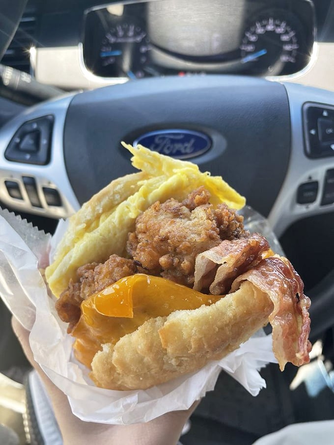 Car steering wheels&mdash;the unofficial dining tables of Sunrise devotees. This biscuit bomb of egg, cheese, and bacon demands both hands!