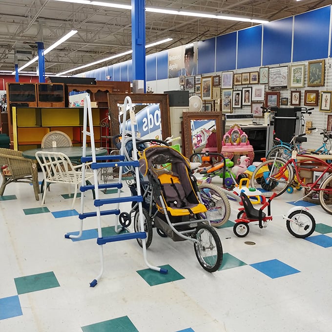 The bicycle corner feels like a two-wheeled reunion, where baby joggers meet vintage Schwinns in a carnival of past transportation trends.