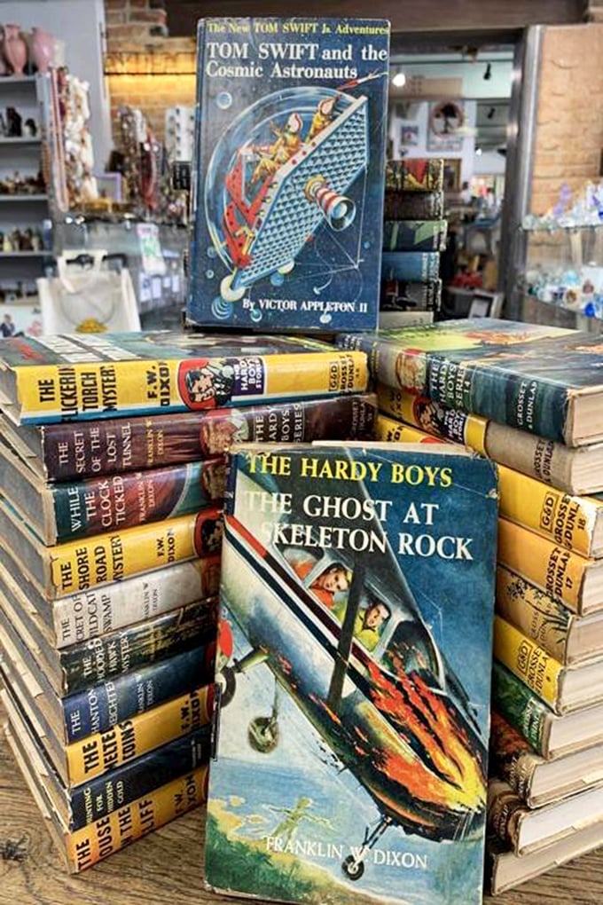 Adventure awaits in these vintage Hardy Boys and Tom Swift volumes. The cover art alone is worth the price of admission.