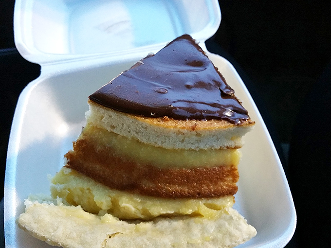 Boston cream pie to-go: proof that someone in that kitchen understands the importance of layers in both pastry and life.