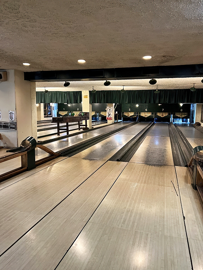No digital screens or automatic scoring here&mdash;just beautifully worn wooden lanes waiting for your best roll.