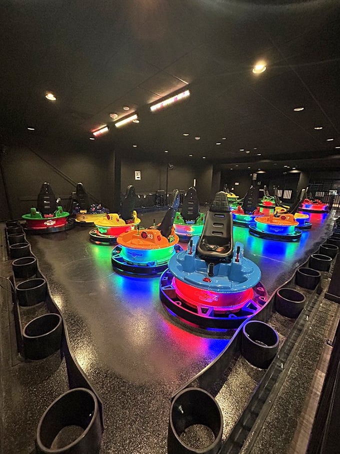 Bumper cars that look like they escaped from Tron &ndash; all glowing edges and childhood joy with adult-sized seats.