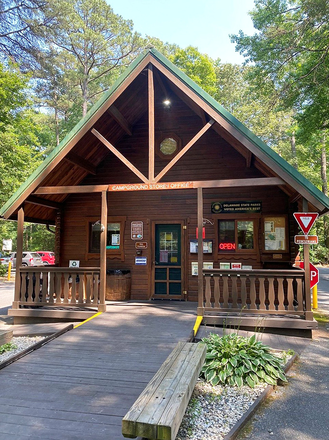 The campground office&mdash;like a woodland embassy where rangers stamp your passport to adventure instead of foreign countries.