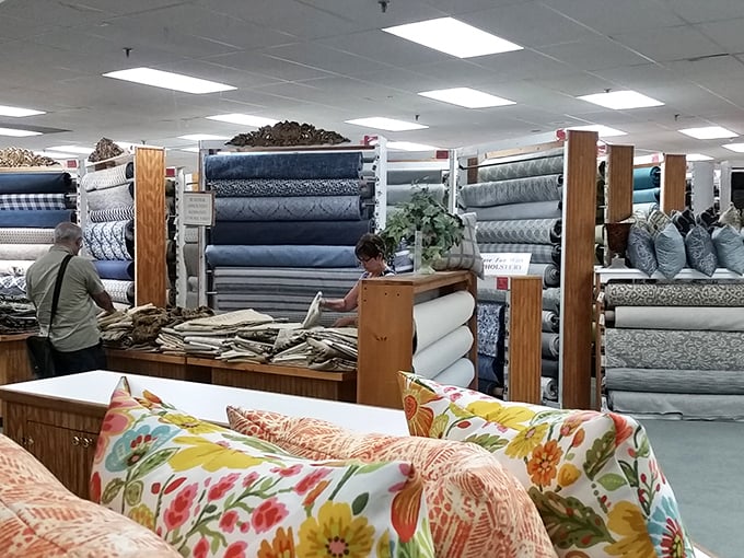 Serious fabric decisions happening here. That expression says, "My craft room won't know what hit it."