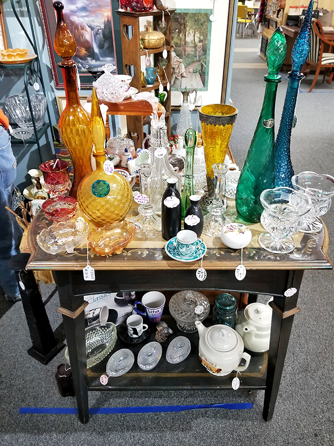 Colored glass catches the light like liquid jewels, proving our grandparents understood that everyday objects should still bring joy.