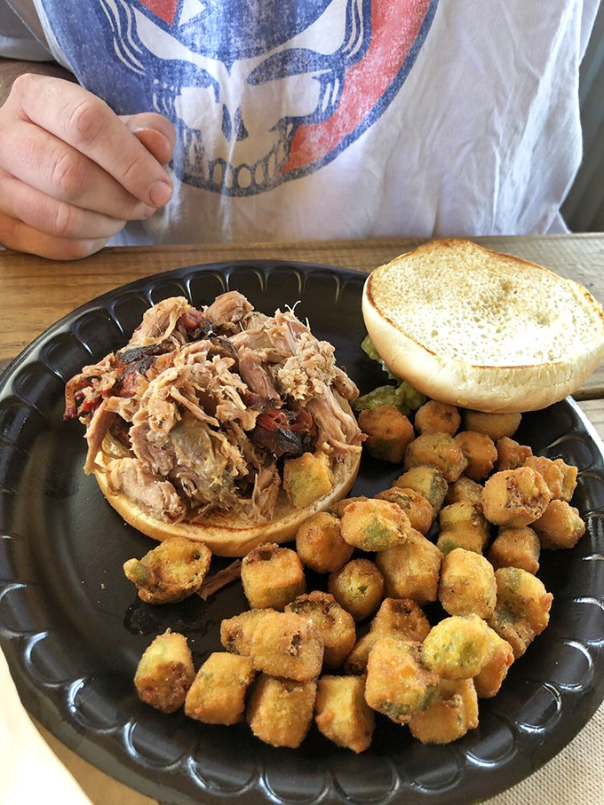 A proper pulled pork sandwich doesn't need fancy garnishes &ndash; just meat that speaks for itself and fried okra that crackles with each bite.