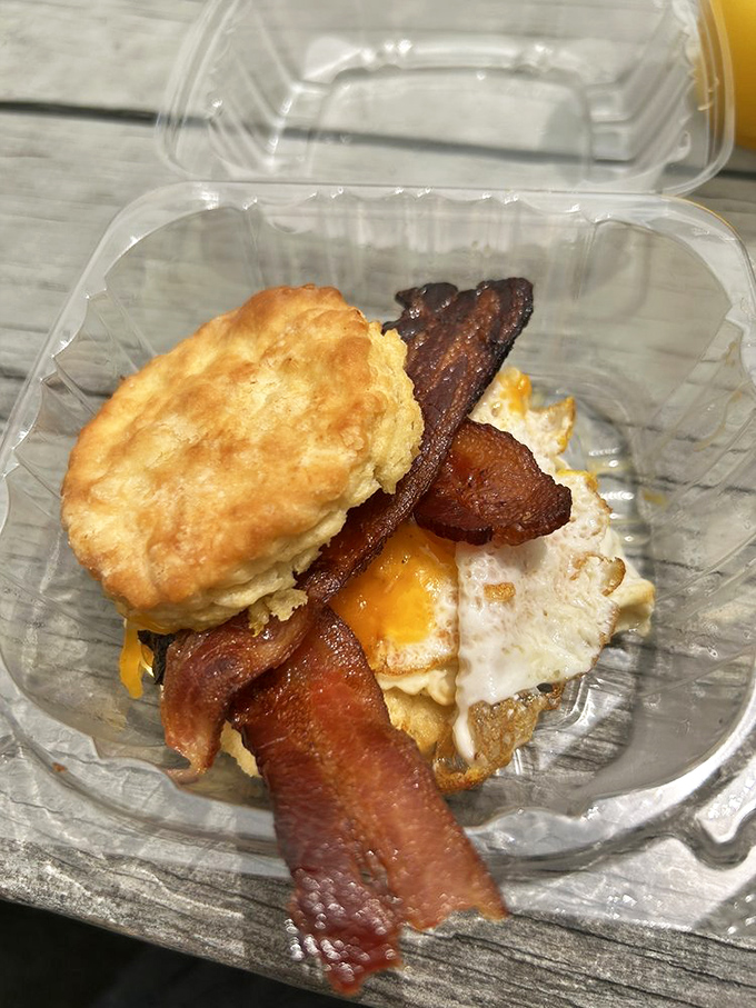 Breakfast alchemy at its finest: golden biscuit, crispy bacon, and a sunny egg that's ready for its close-up.