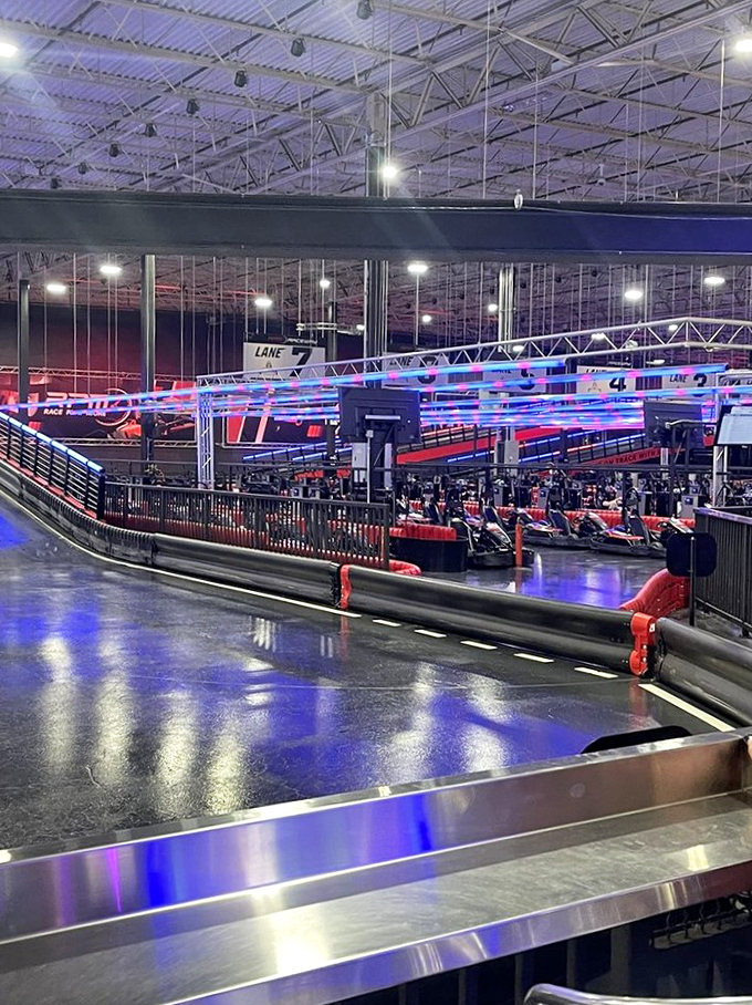 Racing jerseys hang from the rafters like retired numbers, adding authentic motorsport atmosphere to this cathedral of controlled chaos.