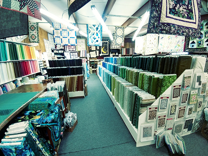 The green section alone could keep you occupied for hours. Fabric bolts arranged by color create a visual feast that's as organized as it is overwhelming.