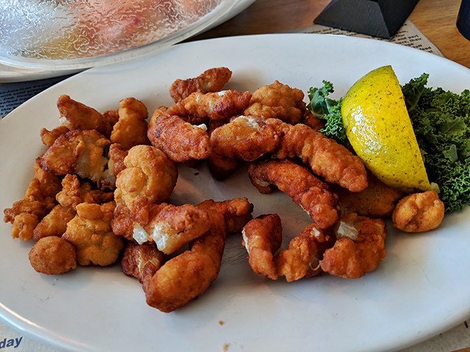 These clams and shrimp aren't just fried&mdash;they're transformed into crunchy little morsels of oceanic bliss. The circle arrangement? Pure artistry.
