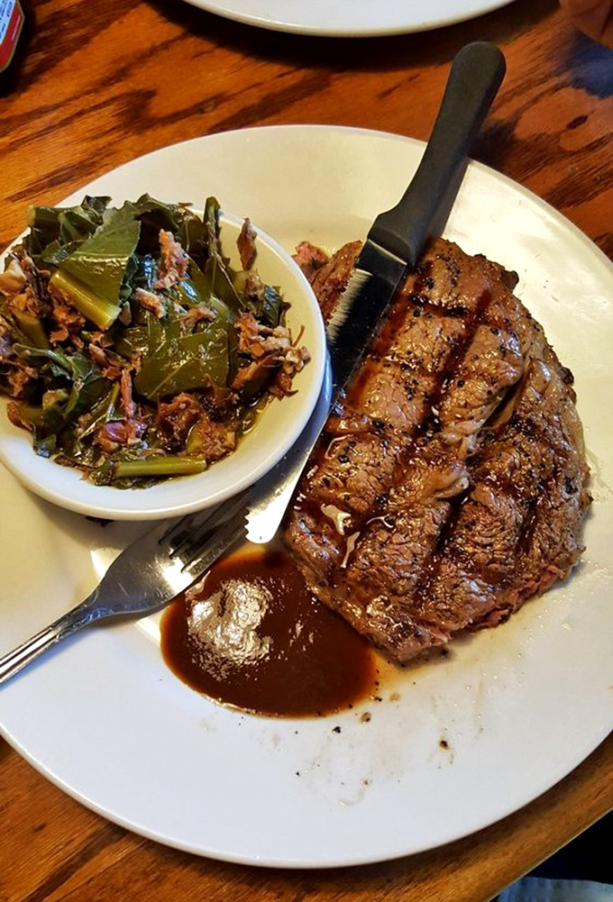 When a ribeye meets the grill at Cross Creek, magic happens&mdash;especially when paired with collard greens cooked the way grandma intended.