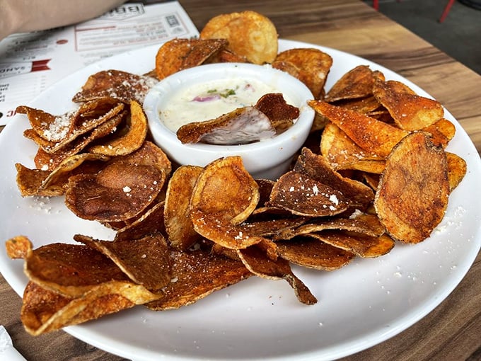 BBQ chips elevated to art form status with a queso companion. Proof that even the humble potato can achieve greatness.