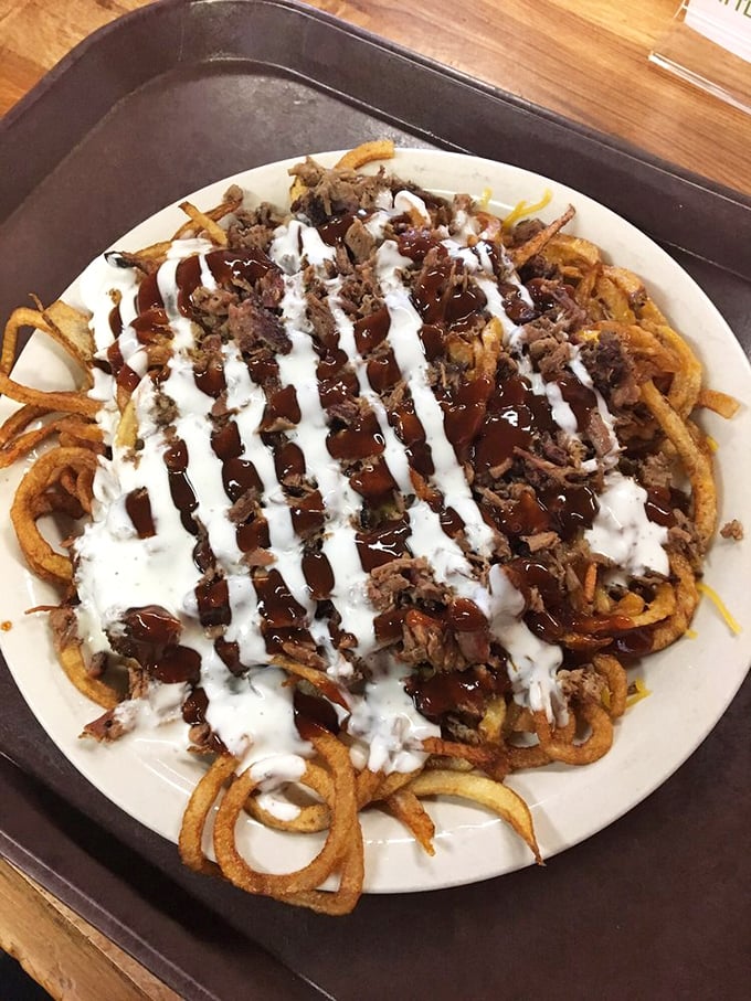 BBQ brisket cheese fries&mdash;where comfort food goes to dream. The sauce stripes aren't decoration; they're flavor highways to happiness.