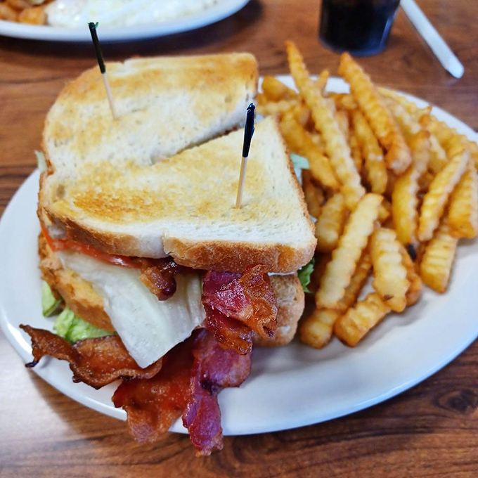 The BLT&mdash;where bacon doesn't just participate, it dominates. Those crinkle-cut fries aren't sidekicks; they're co-stars in this lunchtime drama.