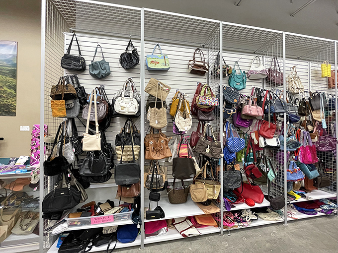 Handbag heaven or purse purgatory? Depends on if you're shopping or storing. Either way, this wall of accessories tells a thousand fashion stories.