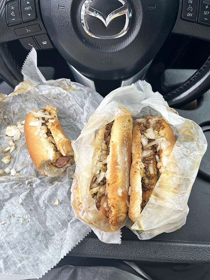 Car dining at its finest&mdash;these chili dogs with diced onions prove that sometimes the best dining room is your front seat.