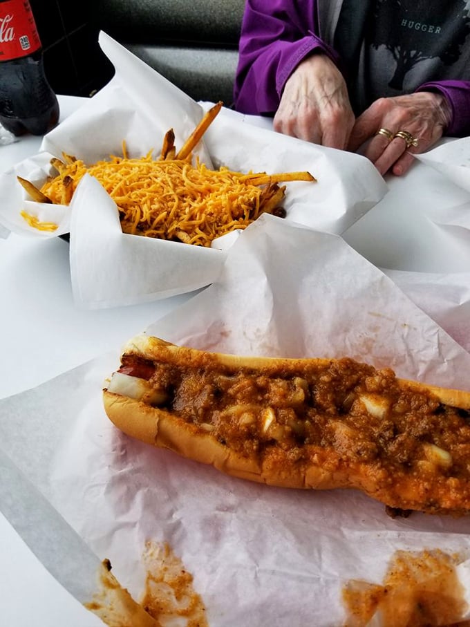 Like a Jackson Pollock of comfort food &ndash; the artistic splatter of chili and cheese creates a masterpiece that belongs in the Museum of Deliciousness.