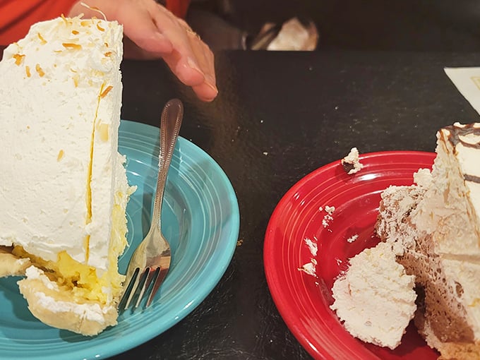Two slices of heaven sharing a table. The pie on the blue plate isn't just dessert&mdash;it's the reason people drive across county lines.