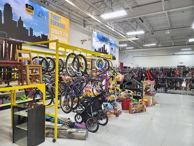 Bicycle heaven meets toy wonderland. That kid's first two-wheeler is waiting here, alongside enough plastic playthings to fill a daycare.