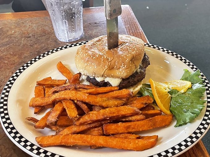 Not just a burger&mdash;a statement piece. Those sweet potato fries are the supporting actors deserving their own Oscar nomination.
