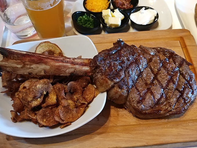 The bone-in ribeye that launched a thousand food photos. Served with house-made chips that'll make you forget French fries ever existed.