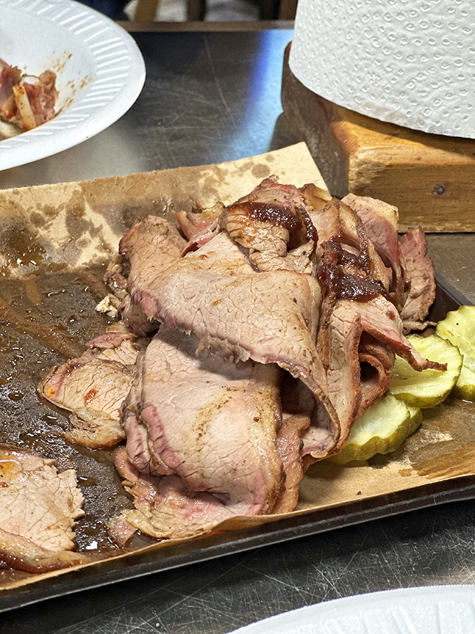 Brisket sliced thin enough to read through, yet substantial enough to change your life. The pickle chips are there for moral support.