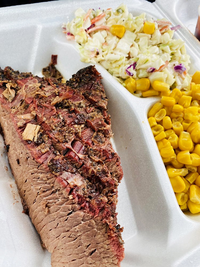 The holy trinity of barbecue bliss: fork-tender brisket, sweet corn, and creamy coleslaw. Simple pleasures are often the most profound.