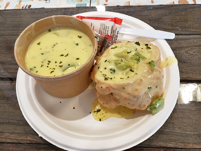 This bread bowl doesn't just contain soup—it's engaged in a beautiful, symbiotic relationship where crusty bread meets velvety broccoli cheese in perfect harmony.