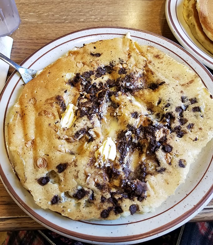 Chocolate chip pancakes that make you question why anyone would ever eat "healthy" when this option exists.