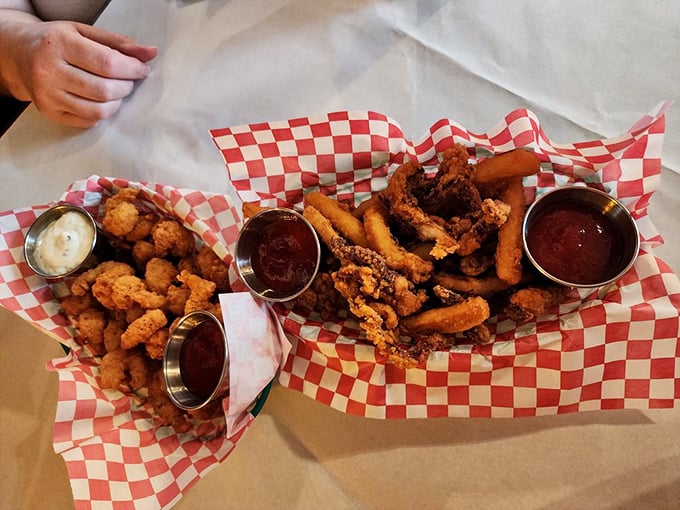 Calamari and popcorn shrimp served with dipping sauces that make you wonder why you ever bothered with ketchup in the first place.
