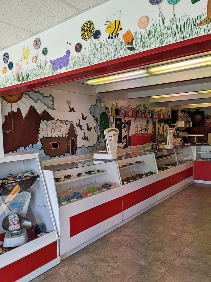 The artwork border featuring cartoon animals and lollipops suggests this isn't just a candy store&mdash;it's a childhood storybook you can actually taste.