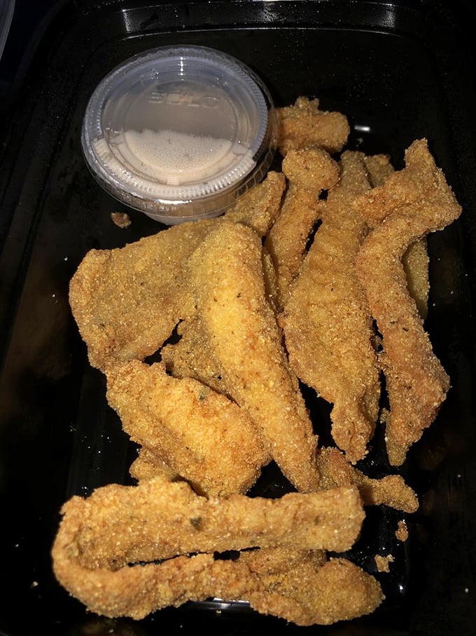 Cornmeal-crusted catfish fingers that shatter with each bite &ndash; the dipping sauce merely a delicious bonus to an already perfect equation.