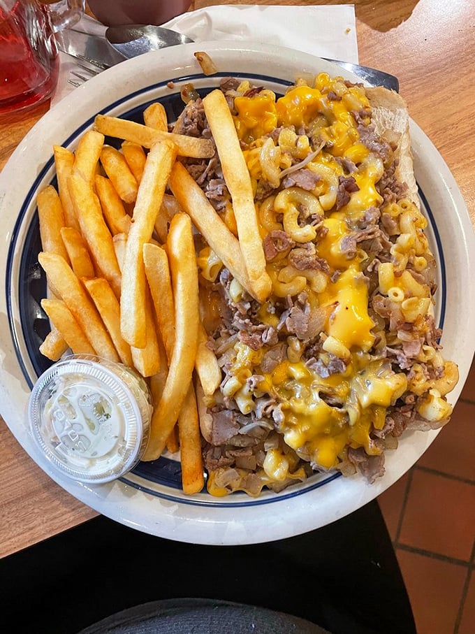 Mac and cheese meets cheesesteak in a culinary mashup that would make Philadelphia both confused and proud. Comfort food squared.