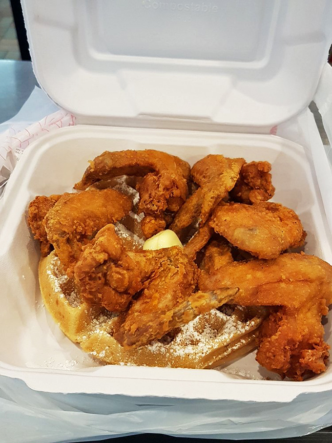 The holy matrimony of crispy chicken and fluffy waffles&mdash;a union blessed by the gods of comfort food themselves.