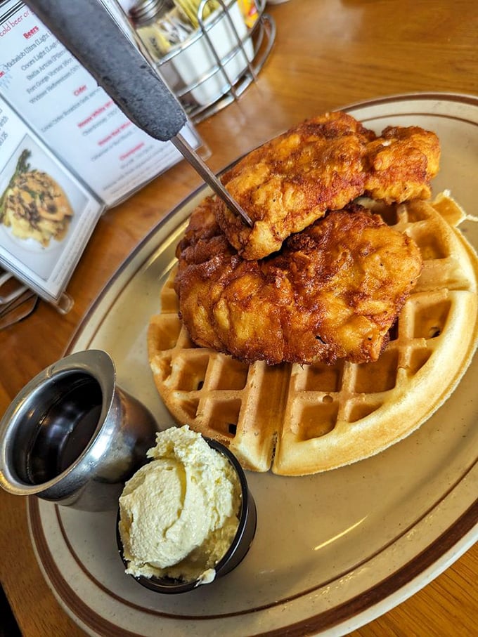 Chicken and waffles: humanity's proof that breakfast and dinner can live together in perfect harmony. The crispy-meets-fluffy masterpiece we all deserve.